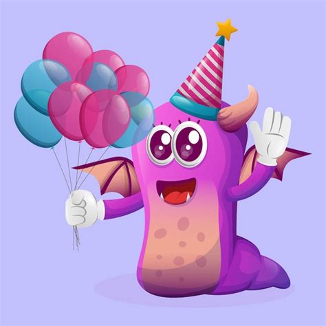 풍선을 들고 생일 모자를 쓰고 귀여운 보라색 괴물 프리미엄 벡터