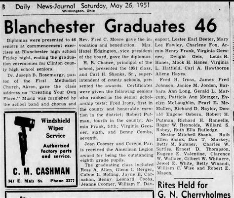 1951 Blanchester High School Class Of 1951 Blanchester Area Historical Society