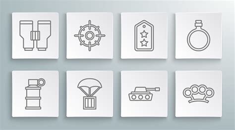 세트 라인 손 연막탄 표적 스포츠 에어드롭 상자 군용 탱크 황동 너클 계급 수통 물병 및 쌍안경 아이콘 벡터 겨냥에 대한 스톡 벡터 아트 및 기타 이미지 Istock