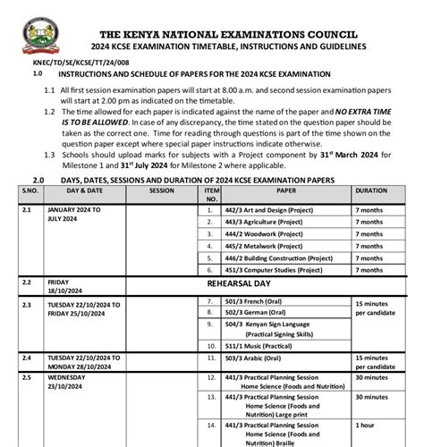 Knec 2024 Kcse Timetable And Pdf Download