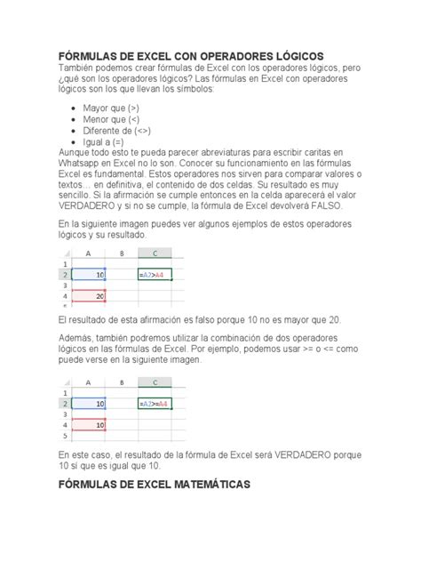 Fórmulas Lógicas Y Matemáticas En Excel Pdf Microsoft Excel