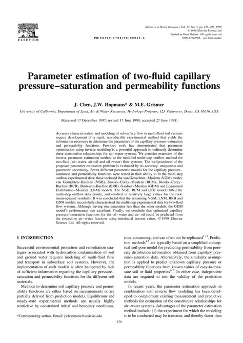 Pdf Parameter Estimation Of Two Fluid Capillary Pressuresaturation And Permeability Functions