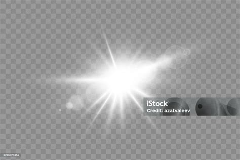 투명한 배경에 빛나는 광선과 렌즈 플레어가 있는 밝은 햇살 반짝임과 보케가 있는 역동적인 조명 효과 생동감 넘치고 에너지가 넘치고 우주적인 디자인에 이상적입니다 벡터