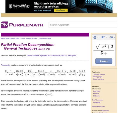 Purplemath Partial Fraction Decomposition General Techniques Handout For 9th 10th Grade