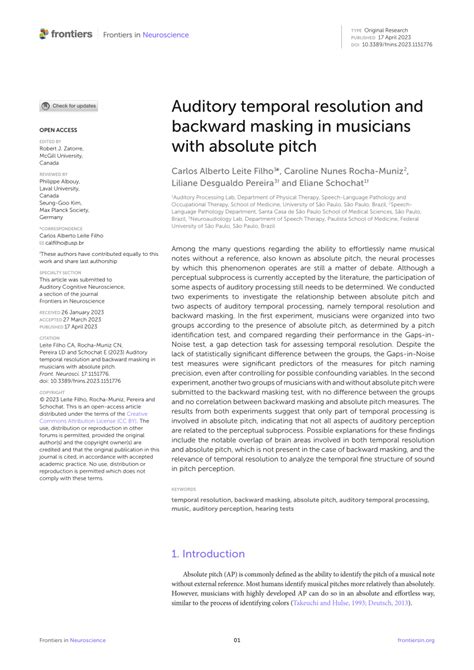Pdf Auditory Temporal Resolution And Backward Masking In Musicians With Absolute Pitch