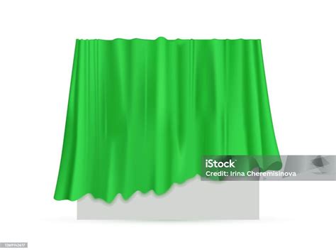 직사각형 테이블을 덮고 있는 녹색 천 커튼 깜짝 선물에 매달려 있는 실크 패브릭은 벡터 일러스트레이션을 공개합니다 베일 장식