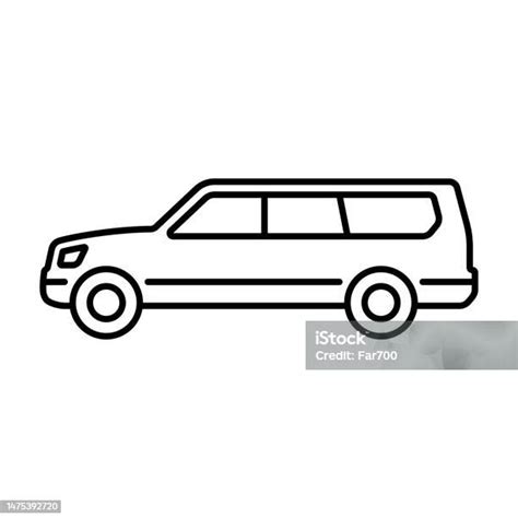 Suv 아이콘입니다 오프로드 차량 블랙 컨투어 선형 실루엣 측면도 편집 가능한 획 벡터 간단한 평면 그래픽 그림입니다 흰색