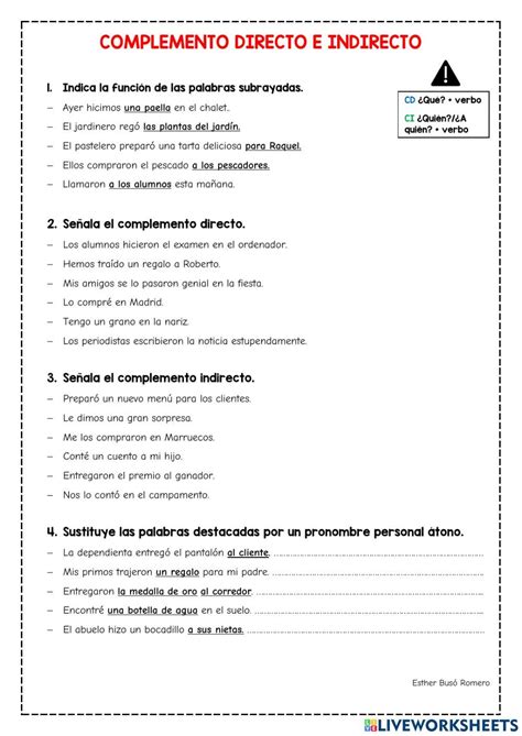 Complemento Directo Y Complemento Indirecto Exercise Complemento Directo E Indirecto Sujeto Y