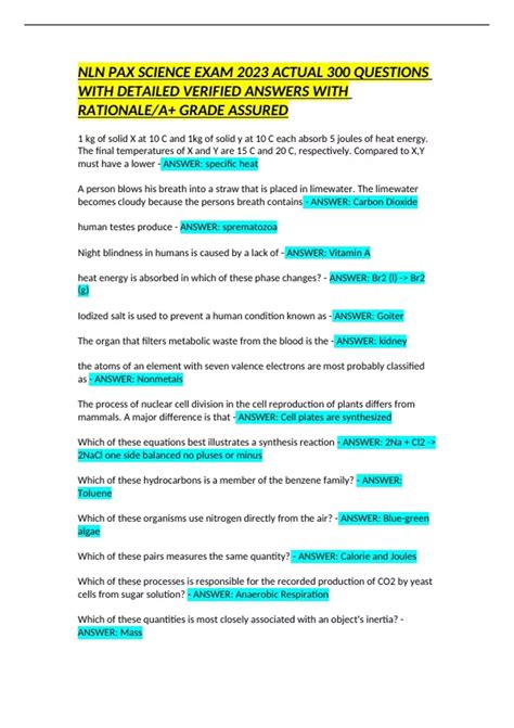 Nln Pax Science Exam 2023 Actual 300 Questions With Detailed Verified Answers With Rationale A