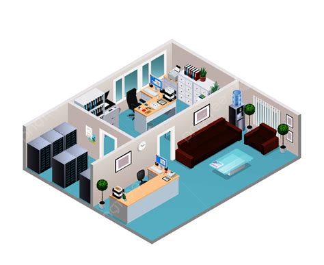 부드러운 가구 리셉션 서버 룸 작업 캐비닛 벡터 일러스트와 함께 대기 공간을 포함한 사무실 인테리어 아이소 메트릭 디자인 삽화 등각 방 Png 일러스트 및 벡터 에