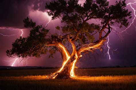 Tree Struck By Lightning In Violent Thunder Storm Stock Illustration