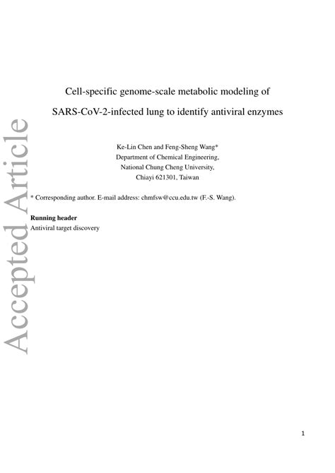 Pdf Cell‐specific Genome‐scale Metabolic Modeling Of Sars‐cov‐2‐infected Lung To Identify
