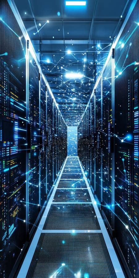 Digital Network Room Highlighting Futuristic Technology And Data Flow In A Copy Space