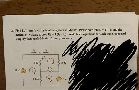 solved find i1 i2 ﻿and i3 ﻿using mesh analysis and matrix