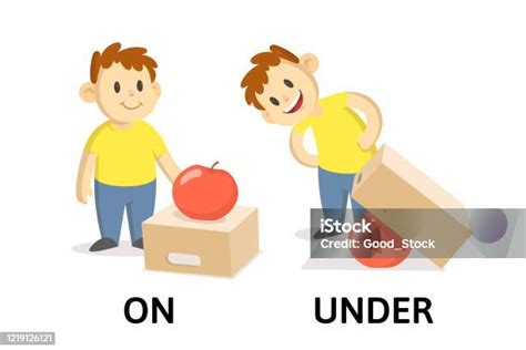 만화 소년 캐릭터와 플래시 카드에서 단어 반대 전치사 설명 카드 흰색 배경에 격리된 플랫 벡터 그림입니다 아래에 대한 스톡 벡터 아트 및 기타 이미지 Istock