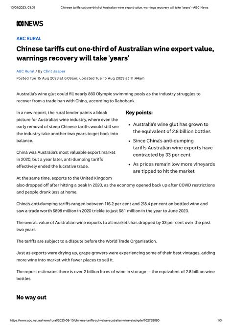 Chinese Tariffs Cut One Third Of Australian Wine Export Value Warnings Recovery Will Take Years