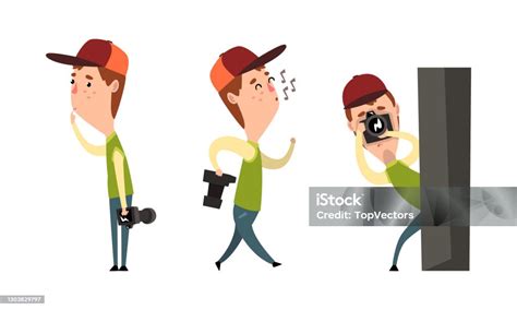 카메라 세트와 파파라치 유명 인사를 따라 남자와 흰색 배경에 사진 만화 벡터 일러스트를 찍는 남자 매복에 대한 스톡 벡터 아트