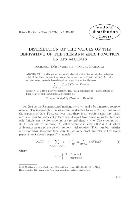 Pdf Distribution Of The Values Of The Derivative Of The Riemann Zeta Function On Its A Points