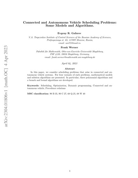 Pdf Connected And Autonomous Vehicle Scheduling Problems Some Models And Algorithms