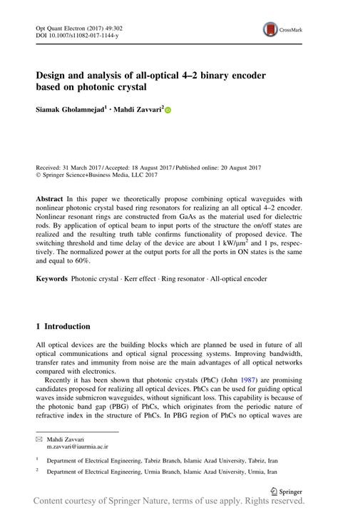 Design And Analysis Of All Optical 4 2 Binary Encoder Based On Photonic Crystal Request Pdf