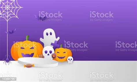 호박 사탕 및 유령 요소가있는 할로윈을위한 연단의 벡터 일러스트 레이 션 10월에 대한 스톡 벡터 아트 및 기타 이미지 10월 3차원 형태 강단 Istock