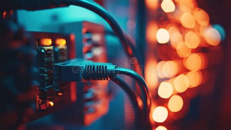 Close Up Shot Of Network Cable Connection With Blurred Led Lights In