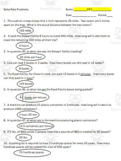 Solving Unit Rate Problems Practice Sheet By Teach Simple