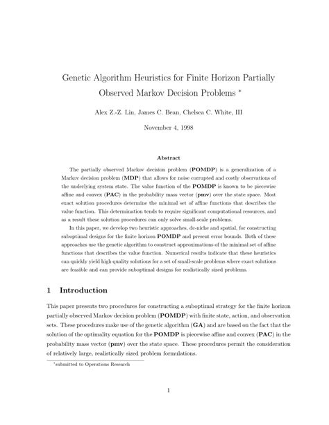 Pdf Genetic Algorithm Heuristics For Finite Horizon Partially Observed Markov Decision Problems
