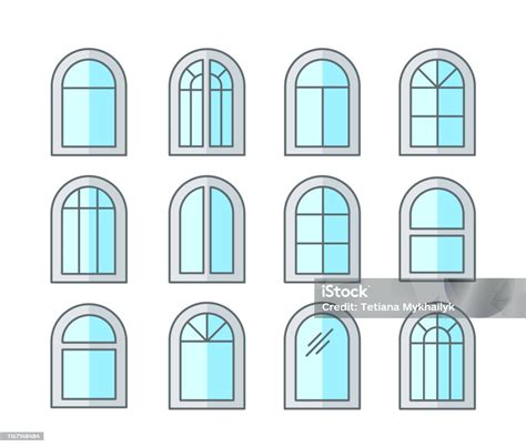 아치형 및 아치 창입니다 케이스 및 어닝 창 프레임 플랫 라인 아이콘 세트입니다 벡터 그림입니다 격리된 개체 0명에 대한 스톡