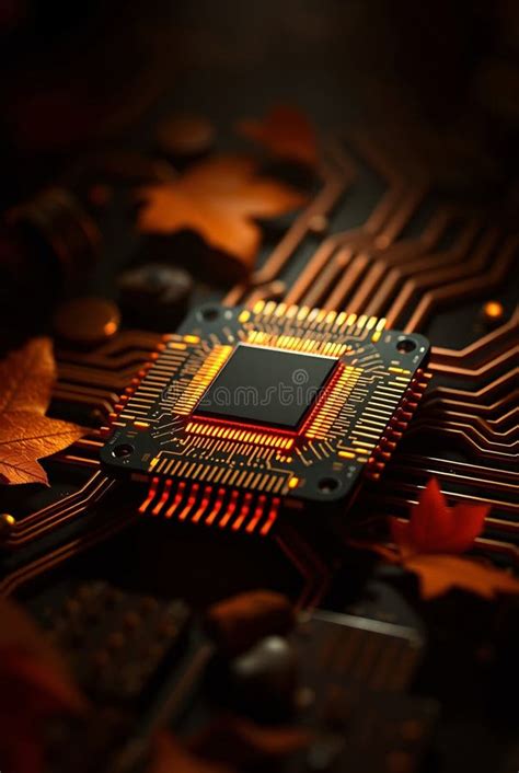 Quantum Computing Circuit Chip And Autumn Leaves Blend Technology Stock