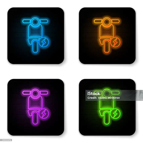 빛나는 네온 전기 스쿠터 아이콘 흰색 배경에 고립 검은색 사각형 단추입니다 벡터 일러스트 개념에 대한 스톡 벡터 아트 및 기타 이미지 Istock