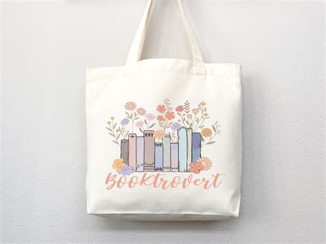 Booktrovert Tote Bag Floral Book Lover Canvas Tote Etsy