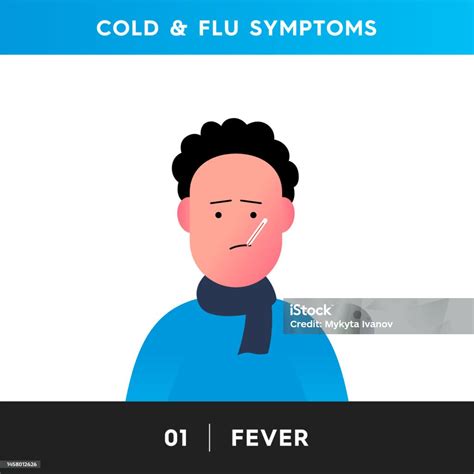 발열 발열을 경험 하는 사람의 벡터 그림입니다 고열을 앓고 입에 온도계를 물고 목에 스카프를 두른 남자 독감 또는 감기 증상 감기와 독감에 대한 스톡 벡터 아트 및 기타