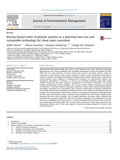 Biochar Based Water Treatment Systems As A Potential Low Cost Pdf Water Purification