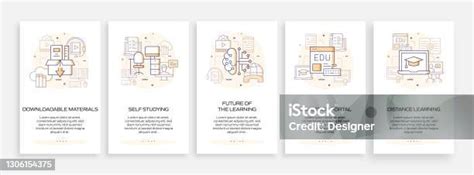 E러닝 온라인 교육 및 원격 교육 관련 온보딩 모바일 앱 페이지 화면평면 아이콘 Ux Ui 디자인 템플릿 벡터 일러스트레이션 대학생에 대한 스톡 벡터 아트 및 기타 이미지