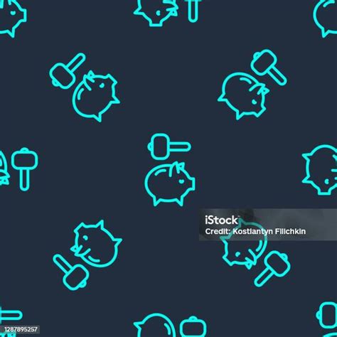 녹색 라인 돼지 저금통과 해머 아이콘은 파란색 배경에 매끄러운 패턴을 분리 아이콘 절약 또는 돈 투자의 축적 벡터 0명에 대한 스톡 벡터 아트 및 기타 이미지 Istock