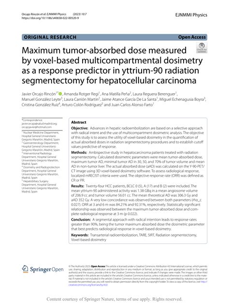 Pdf Maximum Tumor Absorbed Dose Measured By Voxel Based Multicompartmental Dosimetry As A