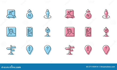 Set Line Road Traffic Sign Location With Exclamation Mark City Map Navigation Unknown Route