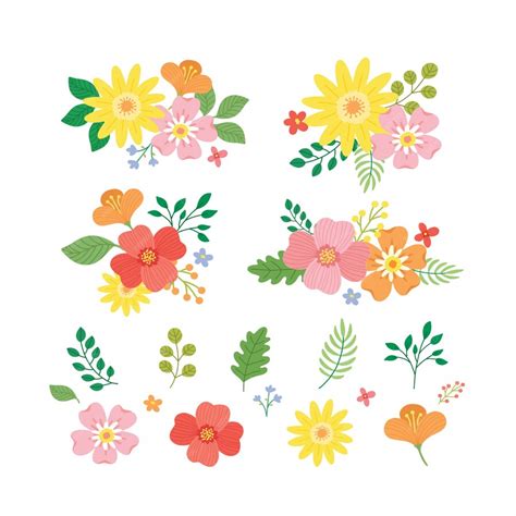 꽃과 잎과 화려한 꽃 요소 프리미엄 벡터