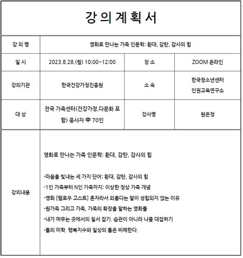 영화 인문학 가족 영화로 만나는 가족 인문학 환대 감탄 감사의 힘 한국청소년센터 And 인권교육연구소 원은정 대표 1인가족 등 다양한 가족 형태에 대해 한국