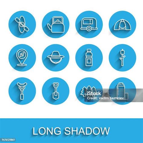 포크 삽 카약 카누 숲 보온병 용기 캠핑 모자 마시멜로 스틱 및 물병 아이콘에 라인 소시지를 설정하십시오 벡터 가루로 빻은에 대한 스톡 벡터 아트 및 기타 이미지 Istock