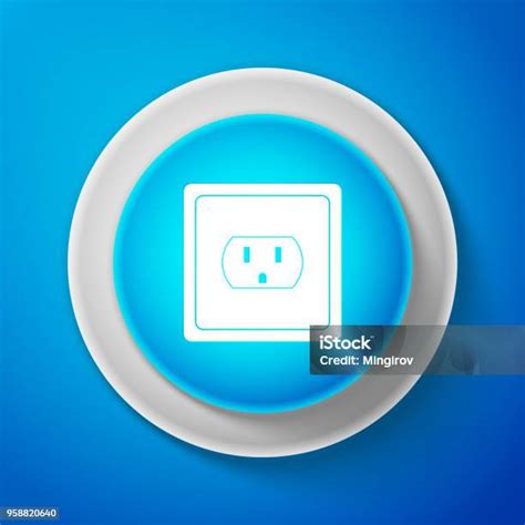 파란색 배경에 고립 된 미국 아이콘에 화이트 전기 콘센트 전원 소켓입니다 화이트 라인 블루 원형 버튼입니다 벡터 일러스트 레이 션 가리기에 대한 스톡 벡터 아트 및 기타