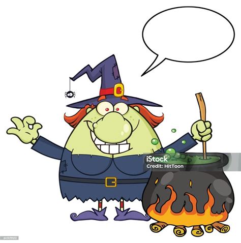 못생긴 할로윈 마녀 만화 마스코트 캐릭터 빈 연설 거품으로 가마솥에 물 약을 준비 하 고 10월에 대한 스톡 벡터 아트 및 기타 이미지 10월 가마솥 공포 무서움