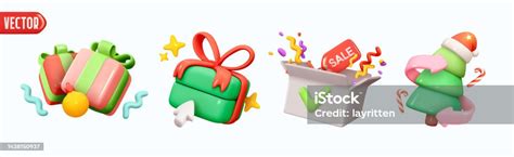 크리스마스 장식 크리스마스 장식 만화 플라스틱 스타일 녹색 크리스마스 트리 두 개의 선물 상자 라벨 태그 판매가 있는 열린 판지 상자의 현실적인 3d 디자인 겨울 휴가 요소