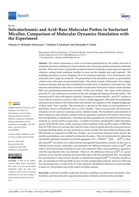 Pdf Solvatochromic And Acidbase Molecular Probes In Surfactant