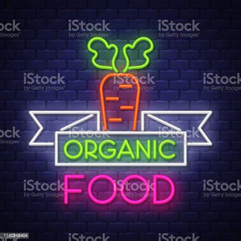 유기농 식품벽돌 벽 배경에 네온 사인 벡터 네온에 대한 스톡 벡터 아트 및 기타 이미지 네온 당근 도로 옆 Istock