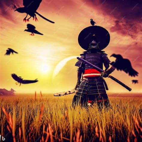 Premium Ai Image A Samurai Warrior In A Field Of Grass With Crows And