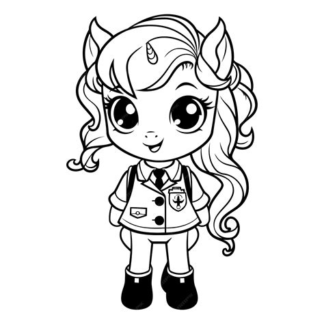 컬러링 책용 귀여운 작은 유니콘 판타지 캐릭터의 흑백 만화 일러스트레이션 프리미엄 벡터