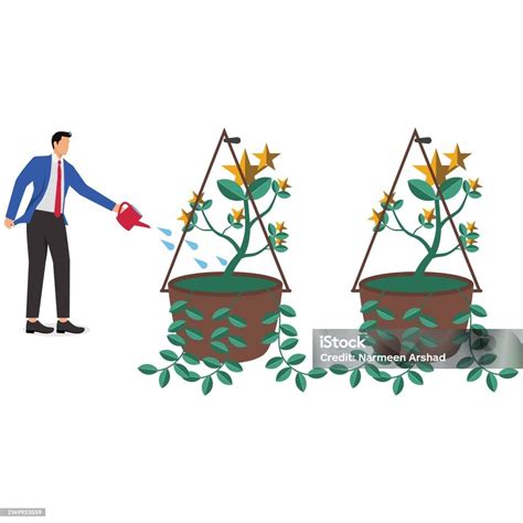 좋은 고객 서비스 등급 및 등급을 육성 급수 깡통을 들고 화분에 물을 주는 사업가 성장하는 별 개념에 대한 스톡 벡터 아트 및