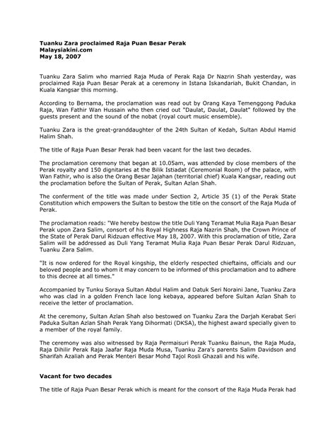 Tuanku Zara Proclaimed Raja Puan Besar Perak Malaysiakini Com May 18